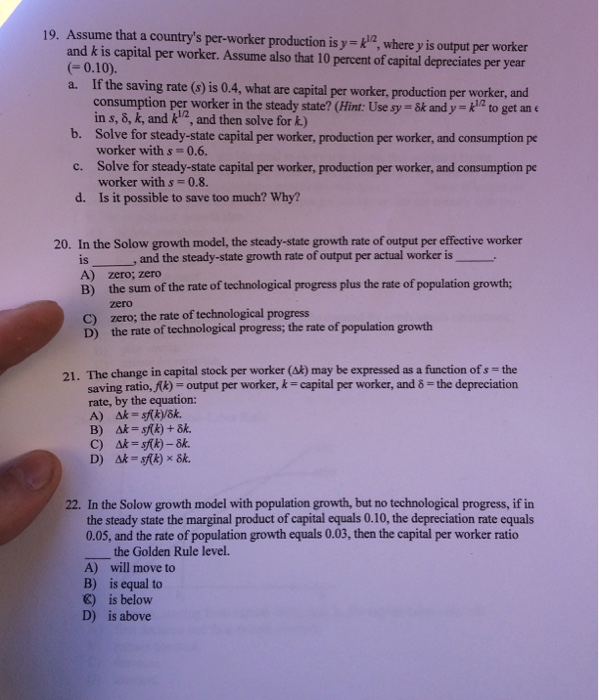 Solved Assume that a country's per-worker production is - | Chegg.com