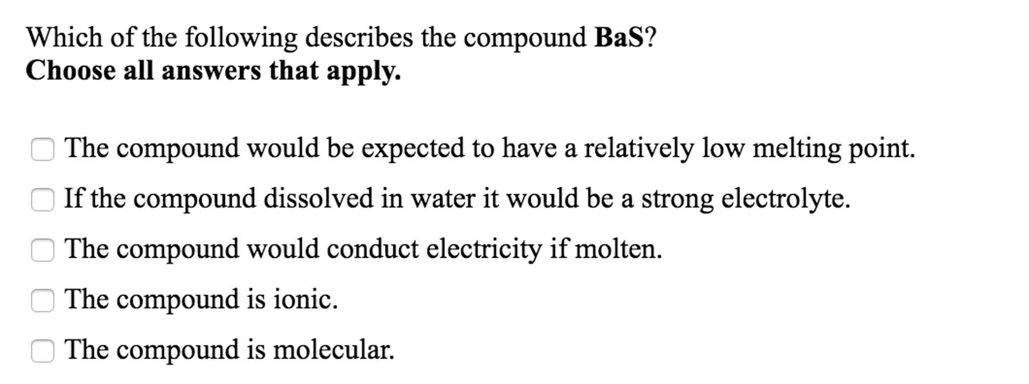 Solved Which of the following describes the compound BaS? | Chegg.com