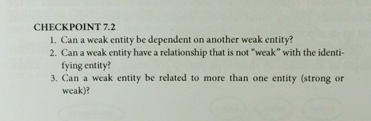 Solved CHECKPOINT 7.2 1. Can a weak entity be dependent on | Chegg.com