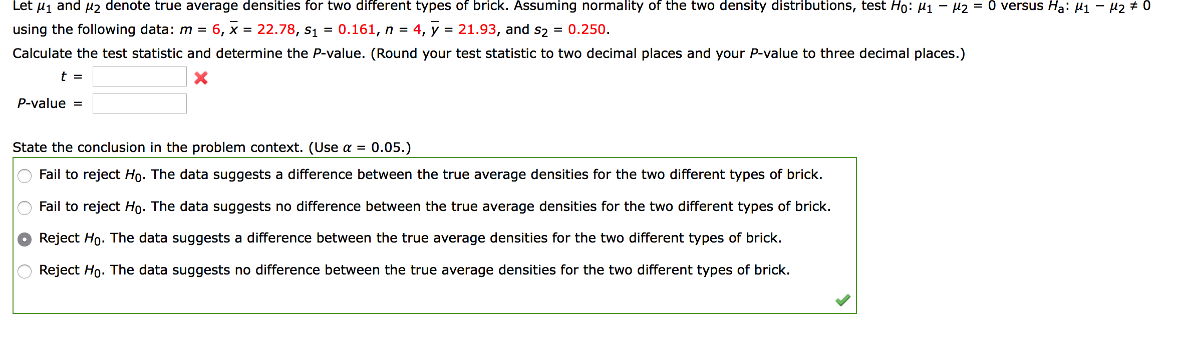 Solved Let mu1 and mu2 denote true average densities for two | Chegg.com