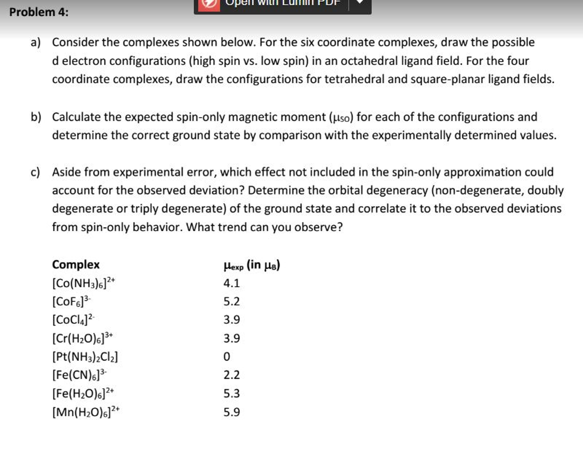Solved Consider the complexes shown below. For the six | Chegg.com