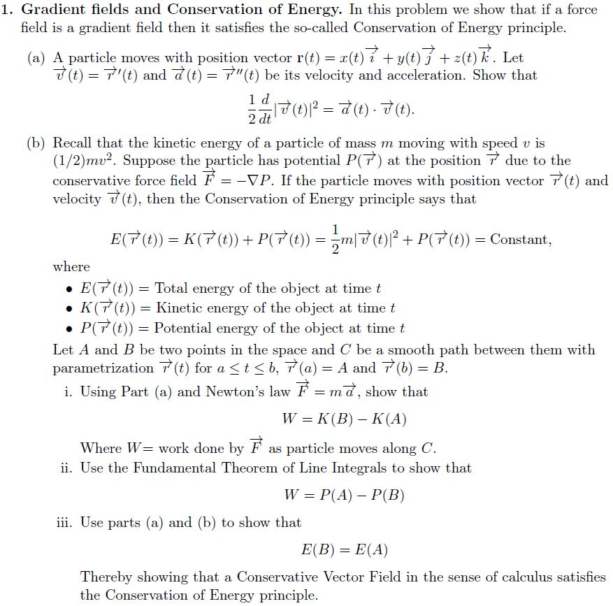 Solved 1. Gradient fields and Conservation of Energy. In | Chegg.com