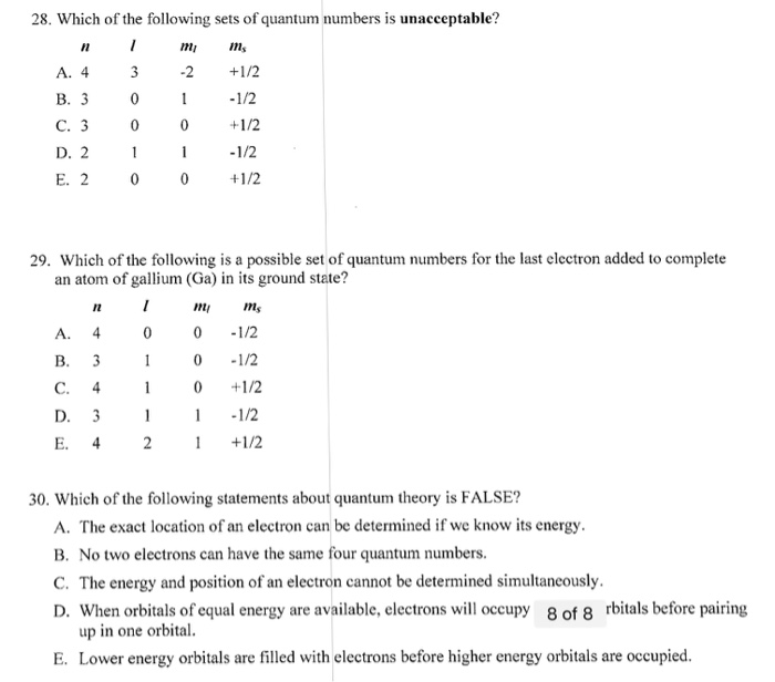 Solved Which of the following sets of quantum numbers is | Chegg.com