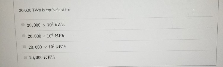 Solved 20,000 TWh is equivalent to: 20,000 x 10 kWh U 20,000 | Chegg.com