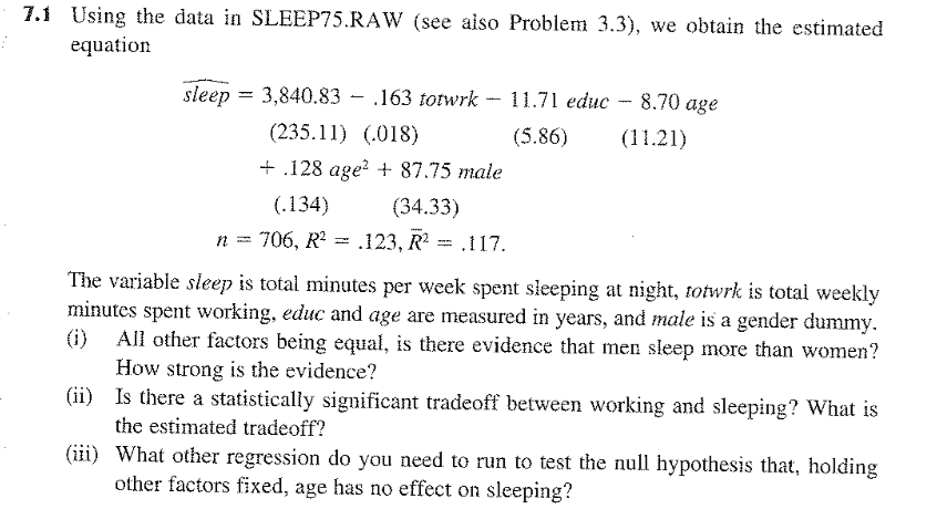 7.1 Using the data in SLEEP75.RAW (see also Problem | Chegg.com