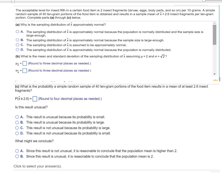 Solved The acceptable level for insect filth in a certain | Chegg.com