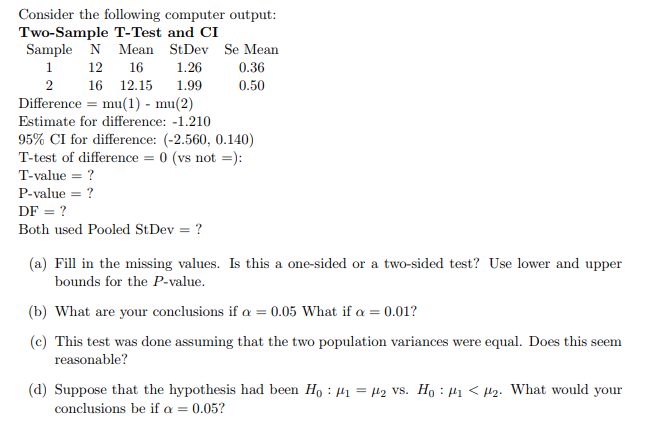 Solved Consider The Following Computer Output Two Sample 4654