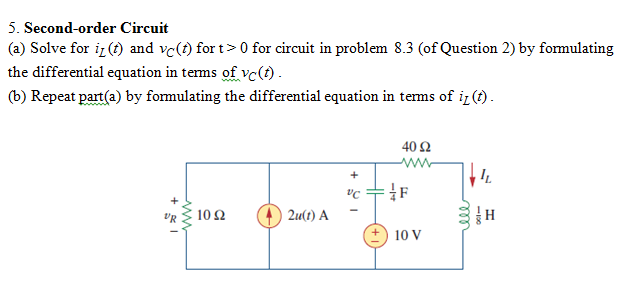 Solved 5. Second-order Circuit (a) Solve for iz(t) and vc(t) | Chegg.com