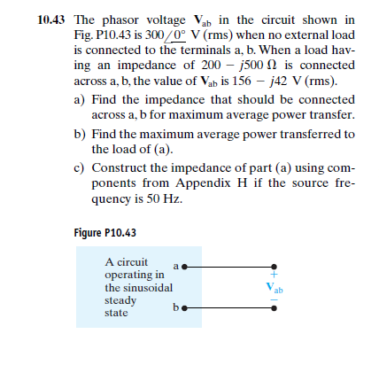 Solved 10.43 The phasor voltage Vab in the circuit shown in | Chegg.com