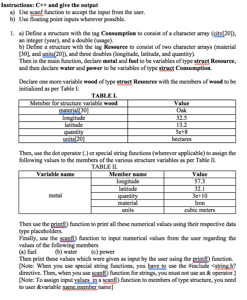 Instructions: C++ and give the output a) Use scanf | Chegg.com