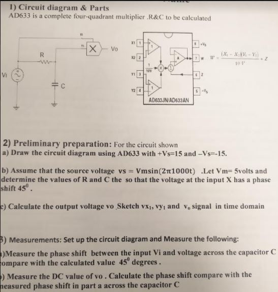 Solved Circuit diagram & Parts AD633 is a complete | Chegg.com