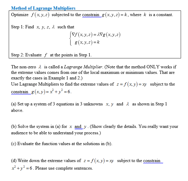 Solved Method of Lagrange Multipliers Optimize f(xy.z) | Chegg.com