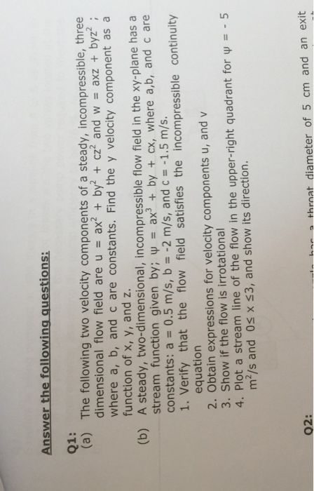 Solved The following two velocity components of a steady, | Chegg.com