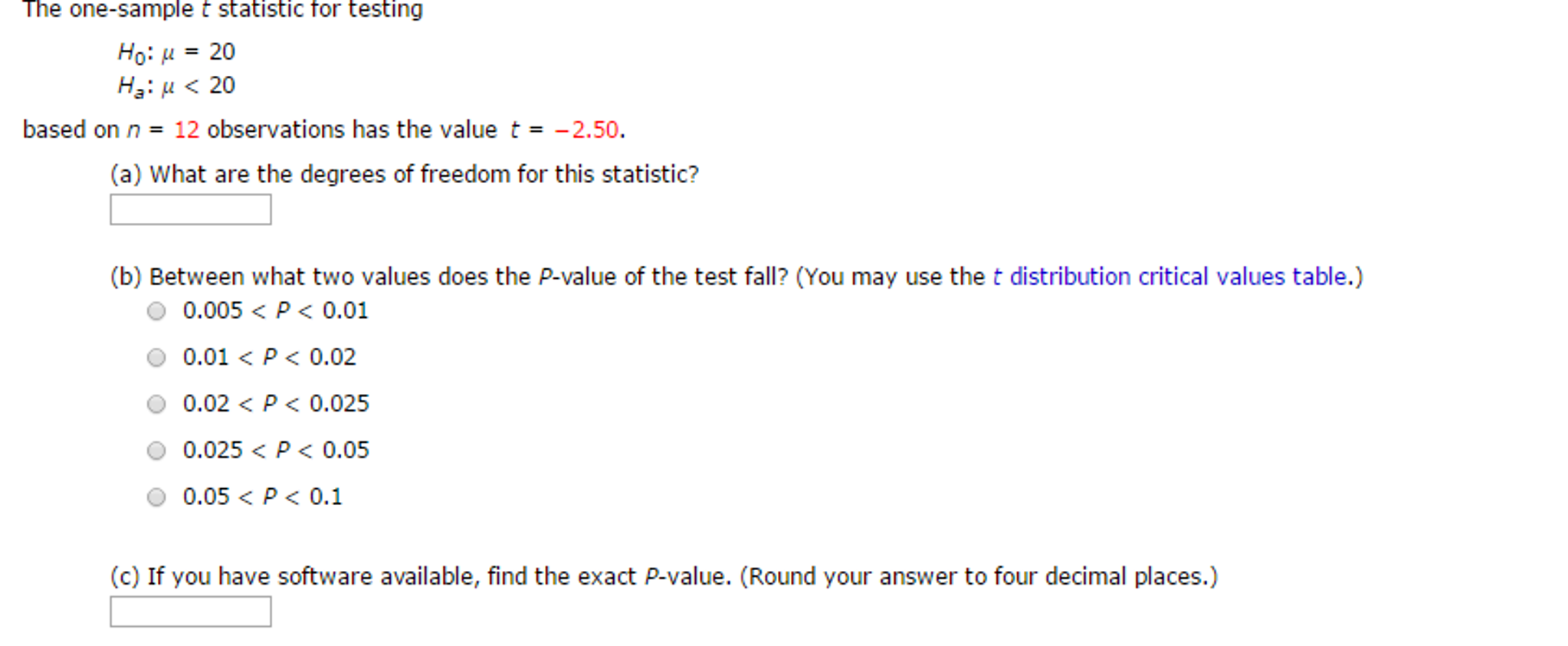 Solved The one-sample r statistic tor testing H_0: mu = 20 | Chegg.com