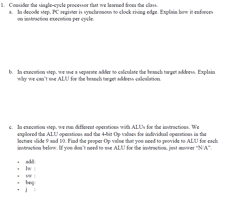 1. Consider the single-cycle processor that we | Chegg.com