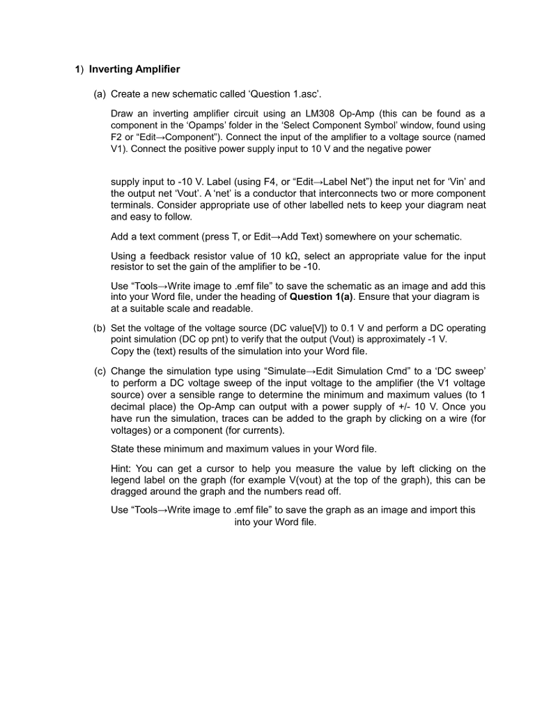 Solved 1) Inverting Amplifier (a) Create a new schematic | Chegg.com