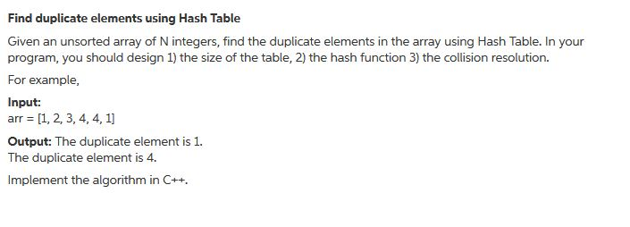 Solved Find Duplicate Elements Using Hash Table Given An