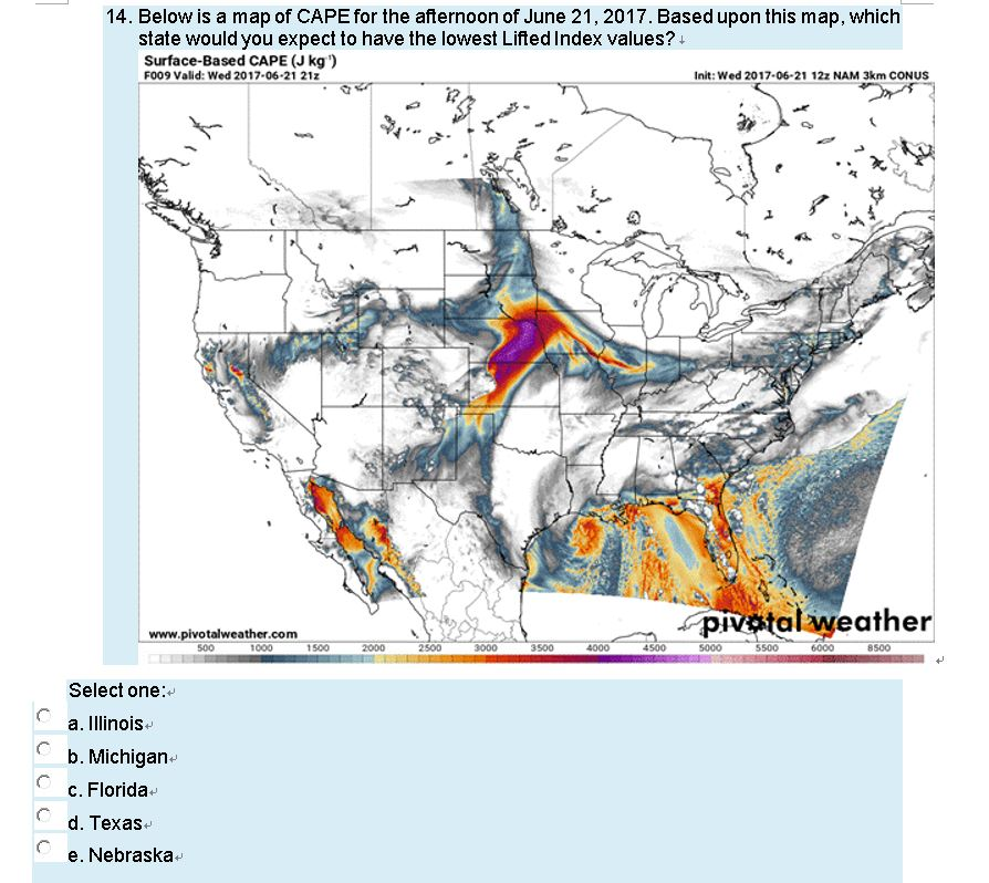 Solved Below is a map of CAPE for the afternoon of June 21, | Chegg.com