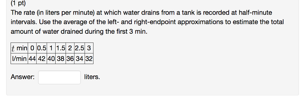 Solved (1 pt) The rate (in liters per minute) at which water | Chegg.com