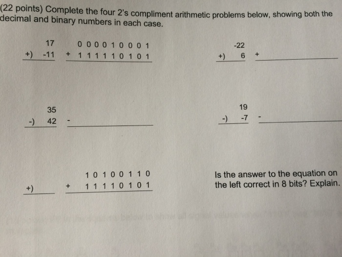 Solved Complete the four 2's compliment arithmetic problems | Chegg.com
