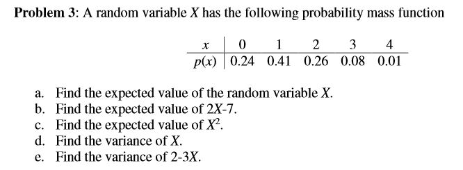 Solved Problem 3: A random variable X has the following | Chegg.com
