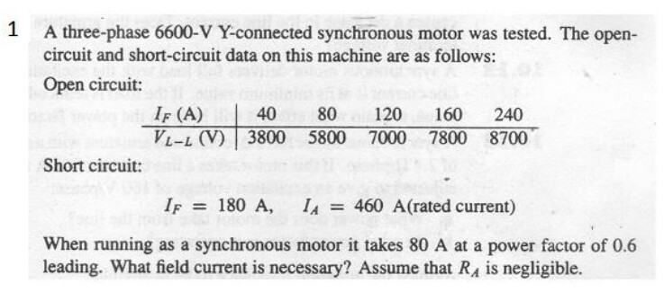Solved 1 A three-phase 6600-V Y-connected synchronous motor | Chegg.com