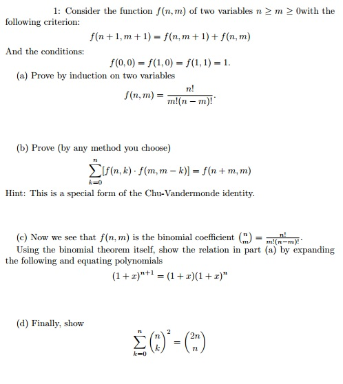Solved Consider the function f(n,m) of two variables n > m > | Chegg.com