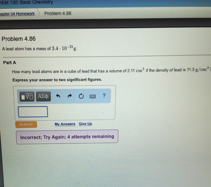 Solved A lead atom has a mass of 3.4 up pointt 10^-22g. How | Chegg.com