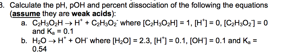 Solved 3. Calculate the pH, pOH and percent dissociation of | Chegg.com