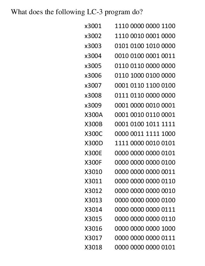 Solved What does the following LC-3 program do? x3001 x3002 | Chegg.com