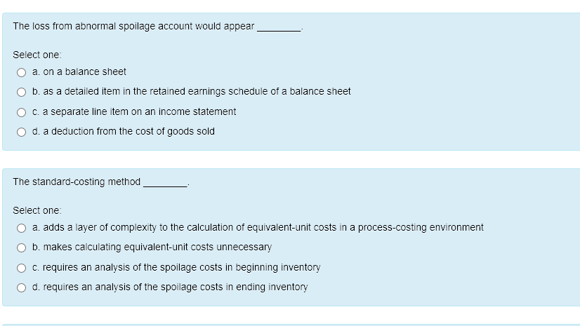 Solved The loss from abnormal spoilage account would appear | Chegg.com