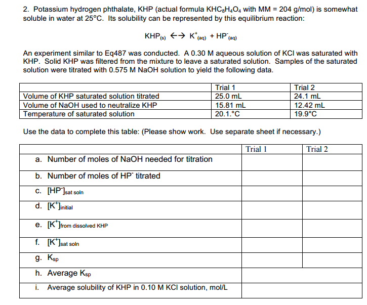 Potassium hydrogen phthalate, KHP (actual formula | Chegg.com