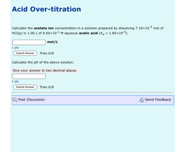 Solved Acid Over-titration calculate the acetate ion | Chegg.com