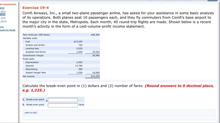 Solved Exercise 19-4 Comfi Airways, Inc., a small two-plane | Chegg.com