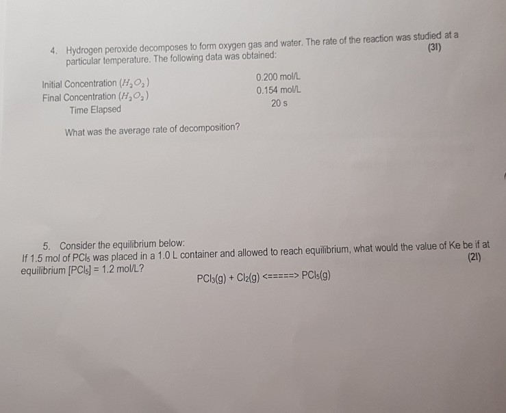 Solved Hydrogen peroxide decomposes to form oxygen gas and | Chegg.com