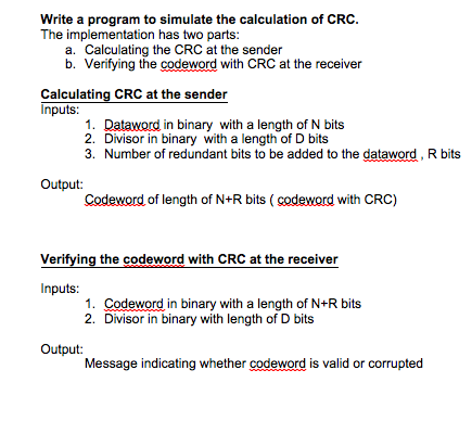 Write a program to simulate the calculation of CRC | Chegg.com
