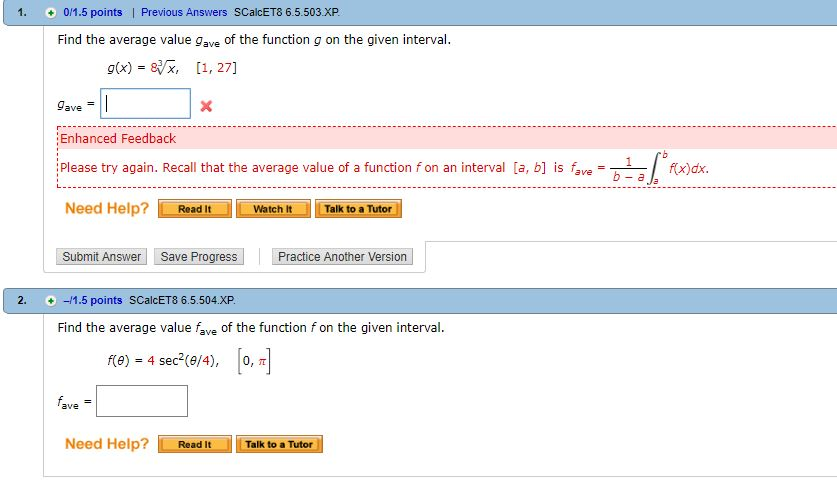 Solved 1. 01.5 points | Previous Answers SCalcET8 6.5.503 XP | Chegg.com
