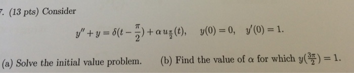Solved Consider y" + y = delta(t - pi/2) + alpha u pi/2(t), | Chegg.com