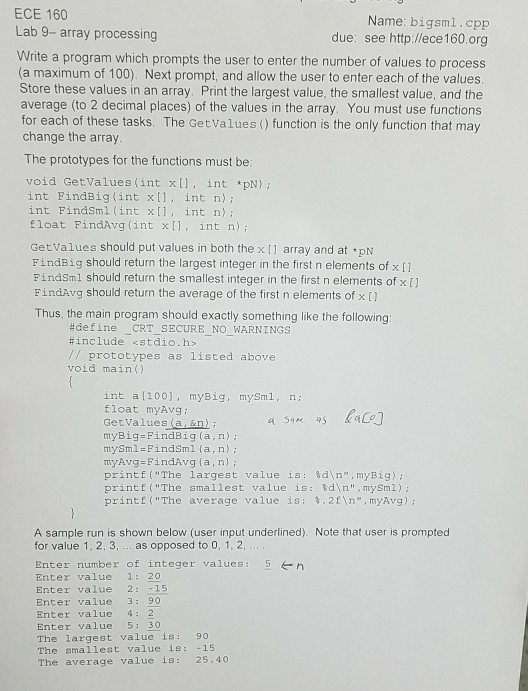 Solved Ece 160 Lab 9 Array Processing Write A Program Which 6693