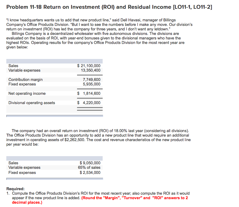 Solved Problem 11-18 Return on Investment (ROI) and Residual | Chegg.com