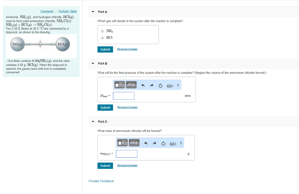 Solved Part A Ammonia, NH3 (g), and hydrogen chloride, | Chegg.com