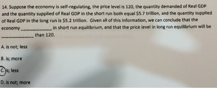 Solved 14. Suppose the economy is self-regulating, the price | Chegg.com