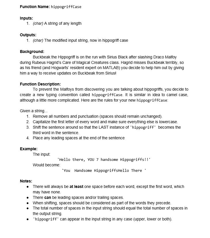 Function Name: hippogriffCase Inputs 1. (char) A | Chegg.com
