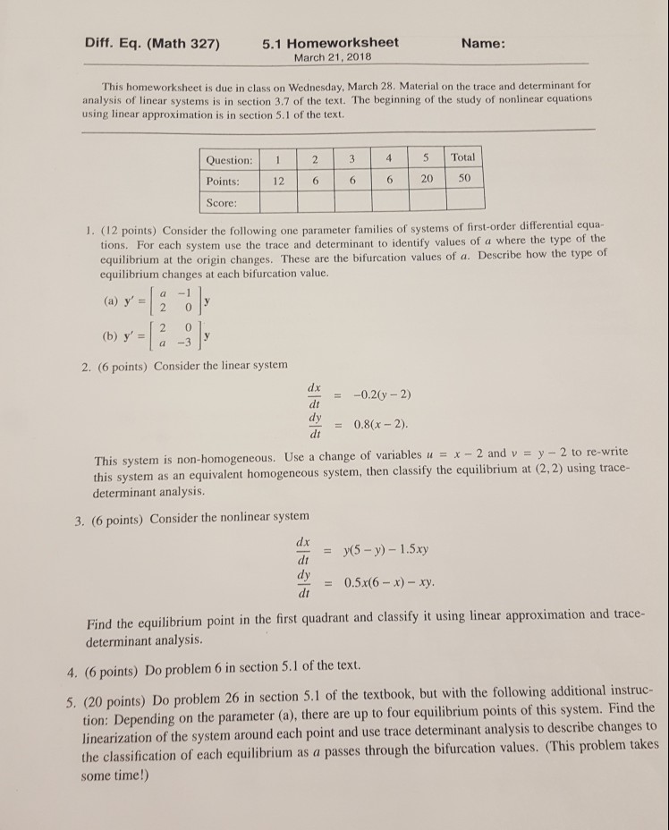 Solved Diff. Eq. (Math 327) 5.1 Homeworksheet March 21, 2018 | Chegg.com