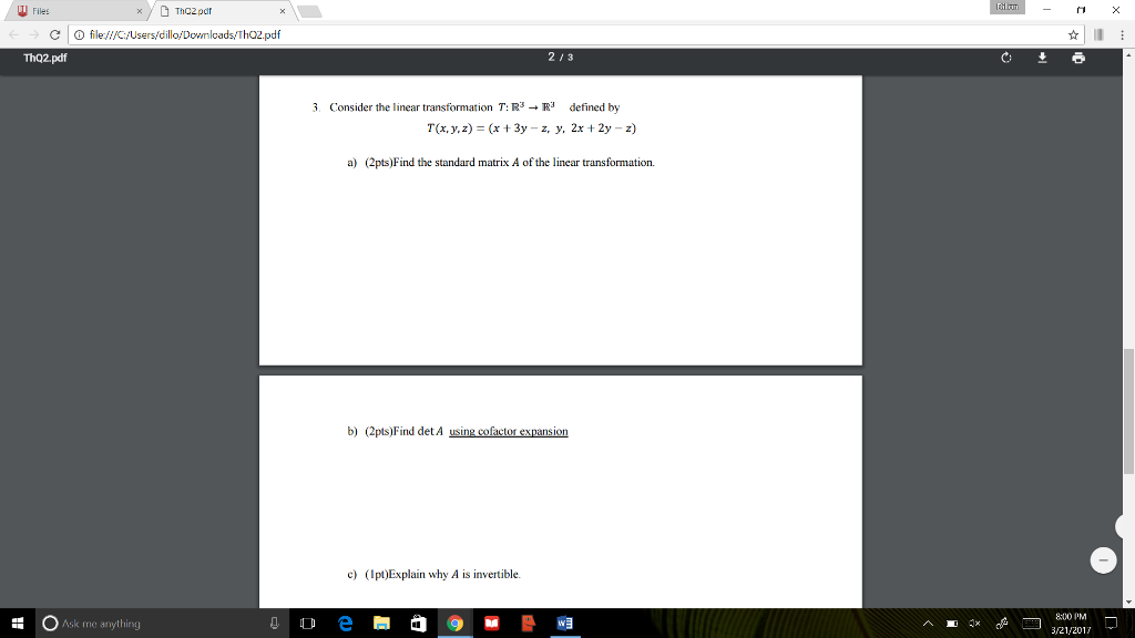Solved Consider the linear transformation T: R^3 rightarrow | Chegg.com