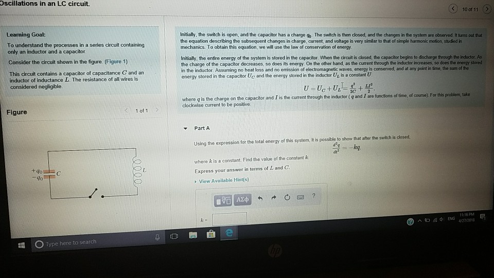 Solved Oscillations in an LC circuit. K10 of 11 Learning | Chegg.com