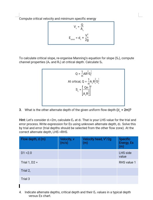 Solved Uniform flow depth (dn) of a concrete lined (n = | Chegg.com