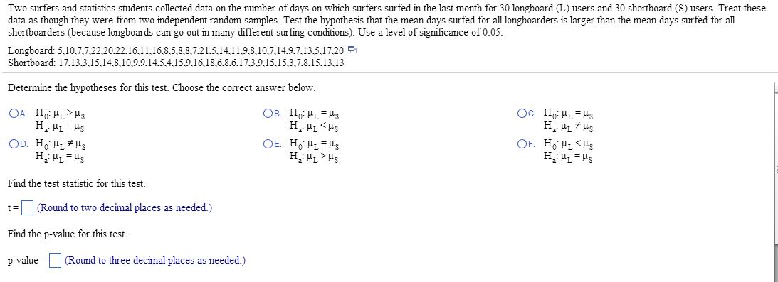 Solved Two surfers and statistics students collected data on | Chegg.com