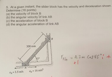 Solved At a given instant, the slider block has the velocity | Chegg.com
