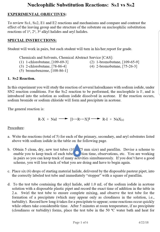 Solved Nucleophilic Substitution Reactions: Sn1 vs SN2 | Chegg.com